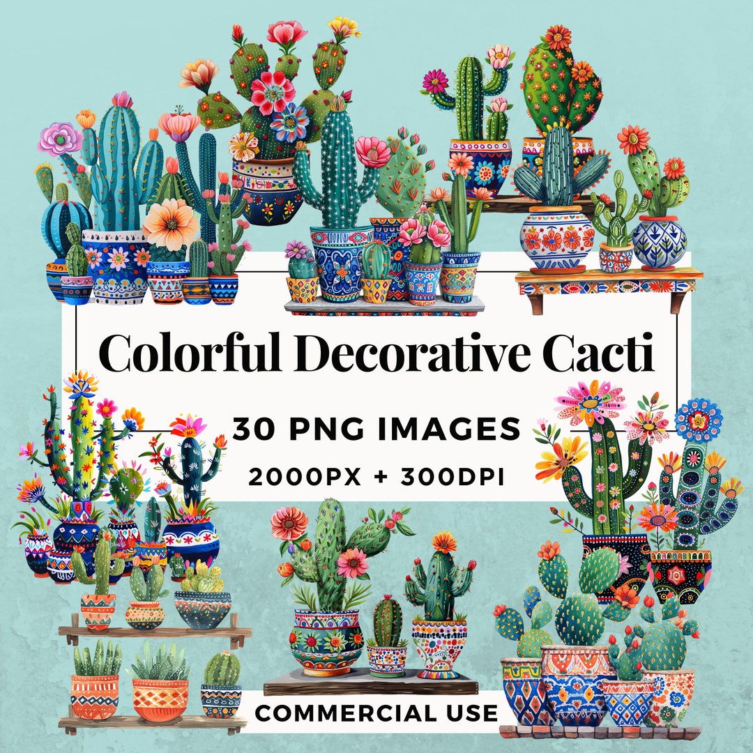 30 Colorful Decorative Cacti Clipart Pack INSTANT DOWNLOAD 30 Cactus ...