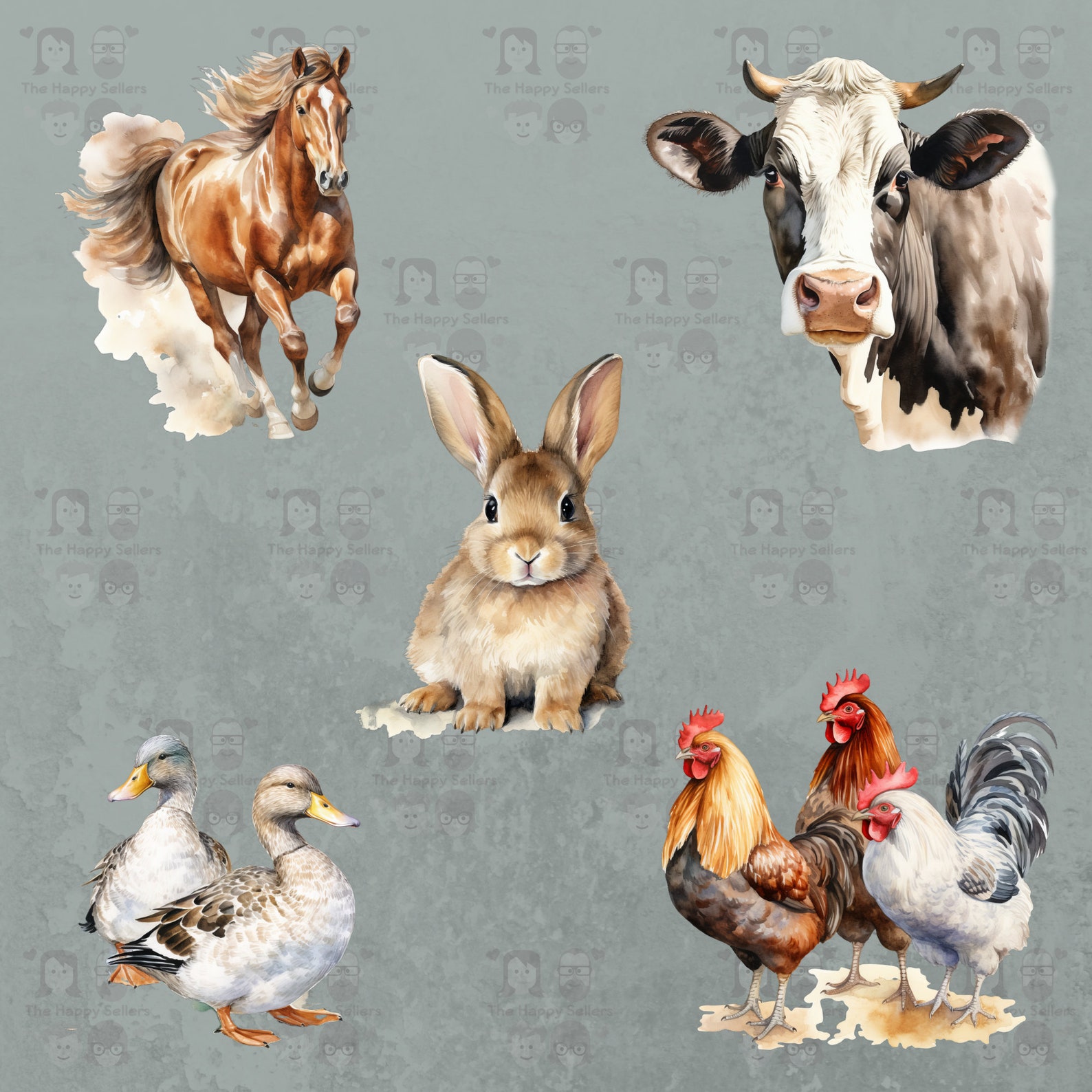 10 Watercolor Farm Animals Clipart Pack Instant Download, PNG Images ...