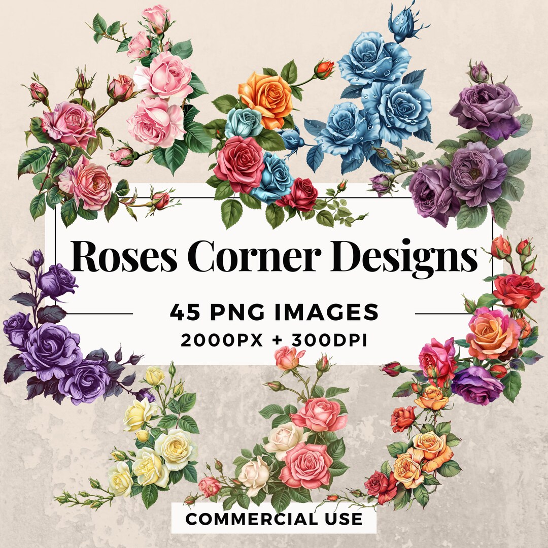 45 Roses Corner Designs Clipart Pack INSTANT DOWNLOAD 45 Elegant Rose ...