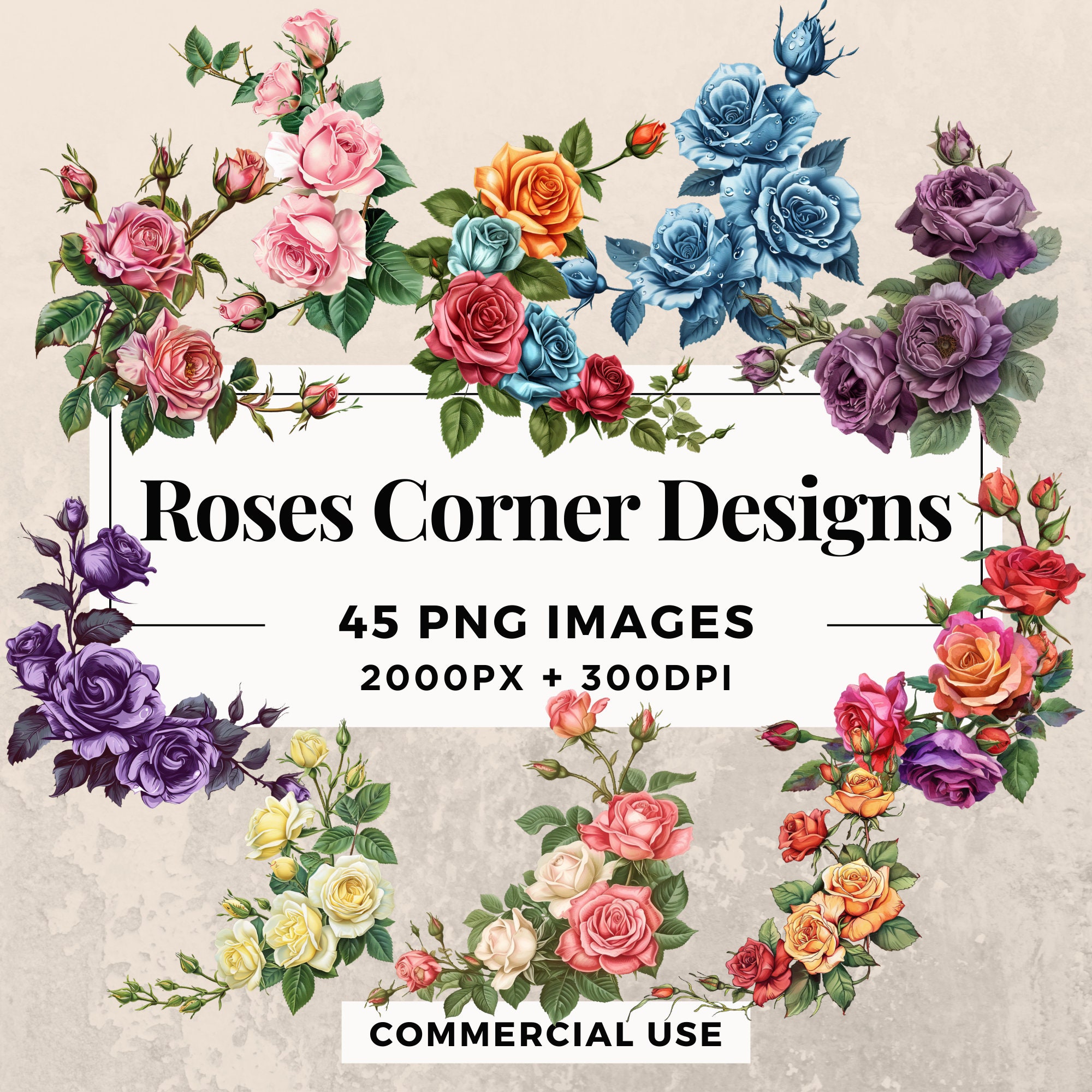 45 Roses Corner Designs Clipart Pack INSTANT DOWNLOAD 45 Elegant Rose Illustrations, PNG ...
