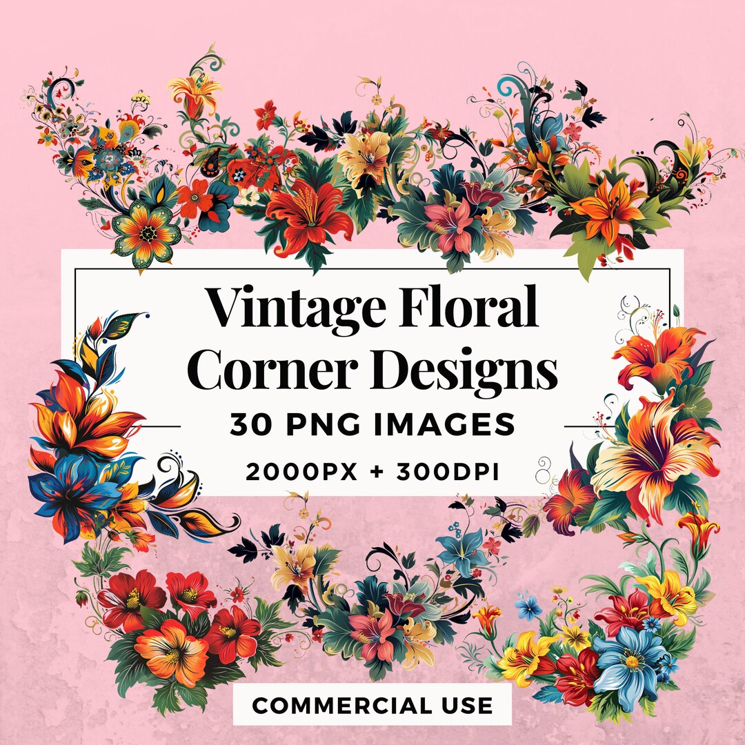 30 Vintage Floral Corner Designs Clipart Pack - INSTANT DOWNLOAD, PNG ...
