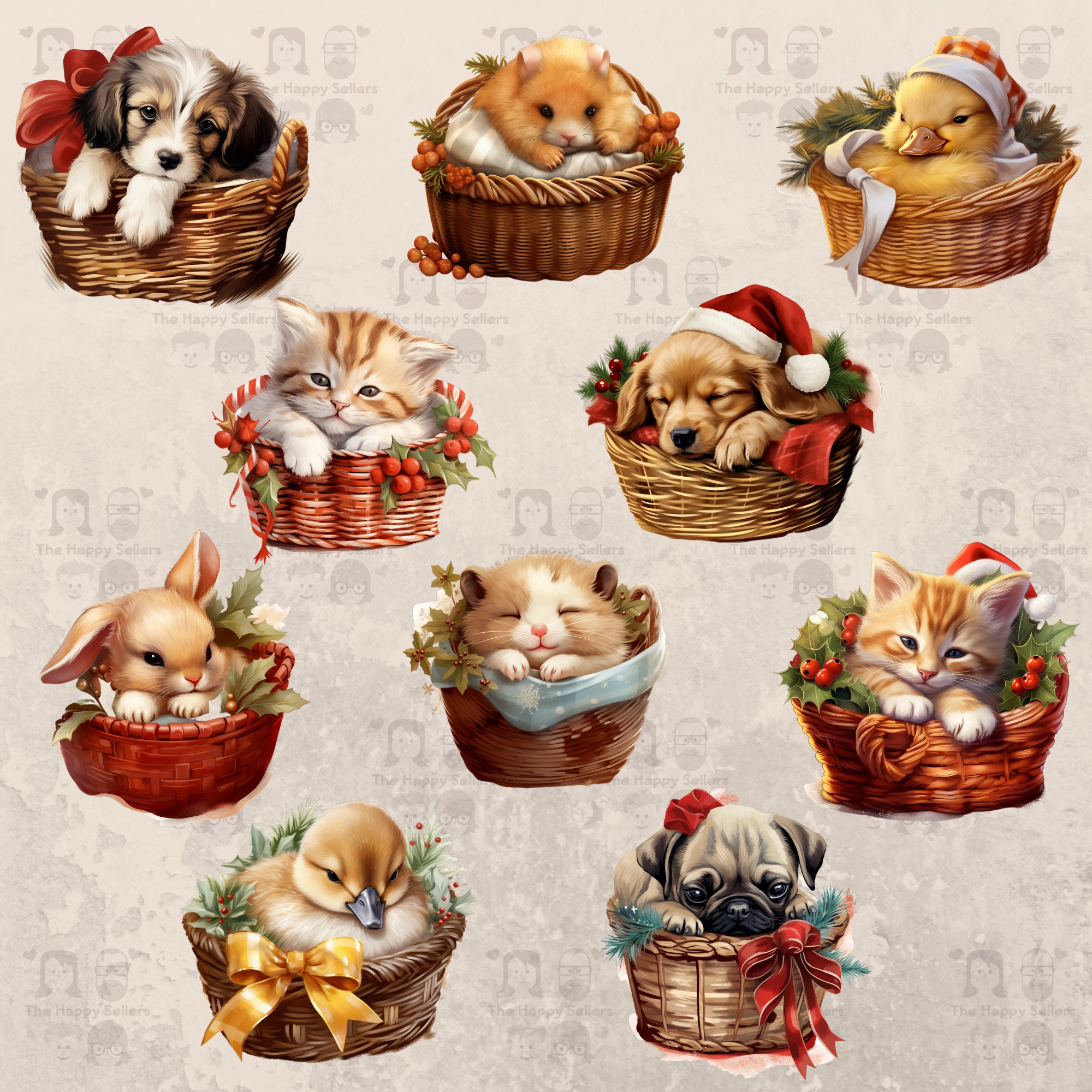 30 Christmas Pets in Baskets Clipart Pack INSTANT DOWNLOAD 30 Festive ...