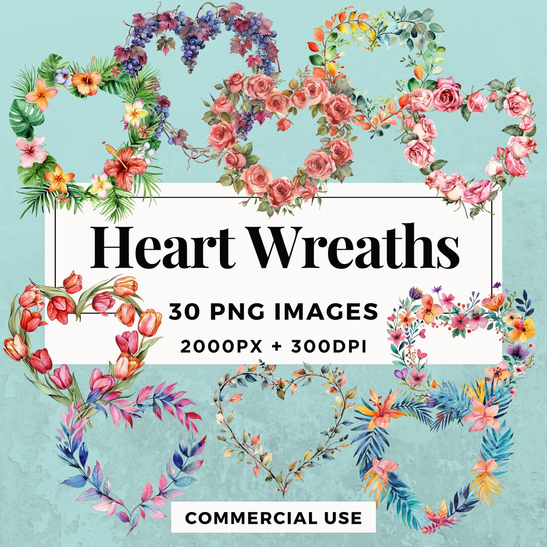 30 Heart Wreaths Clipart Pack INSTANT DOWNLOAD Romantic Heart-shaped ...