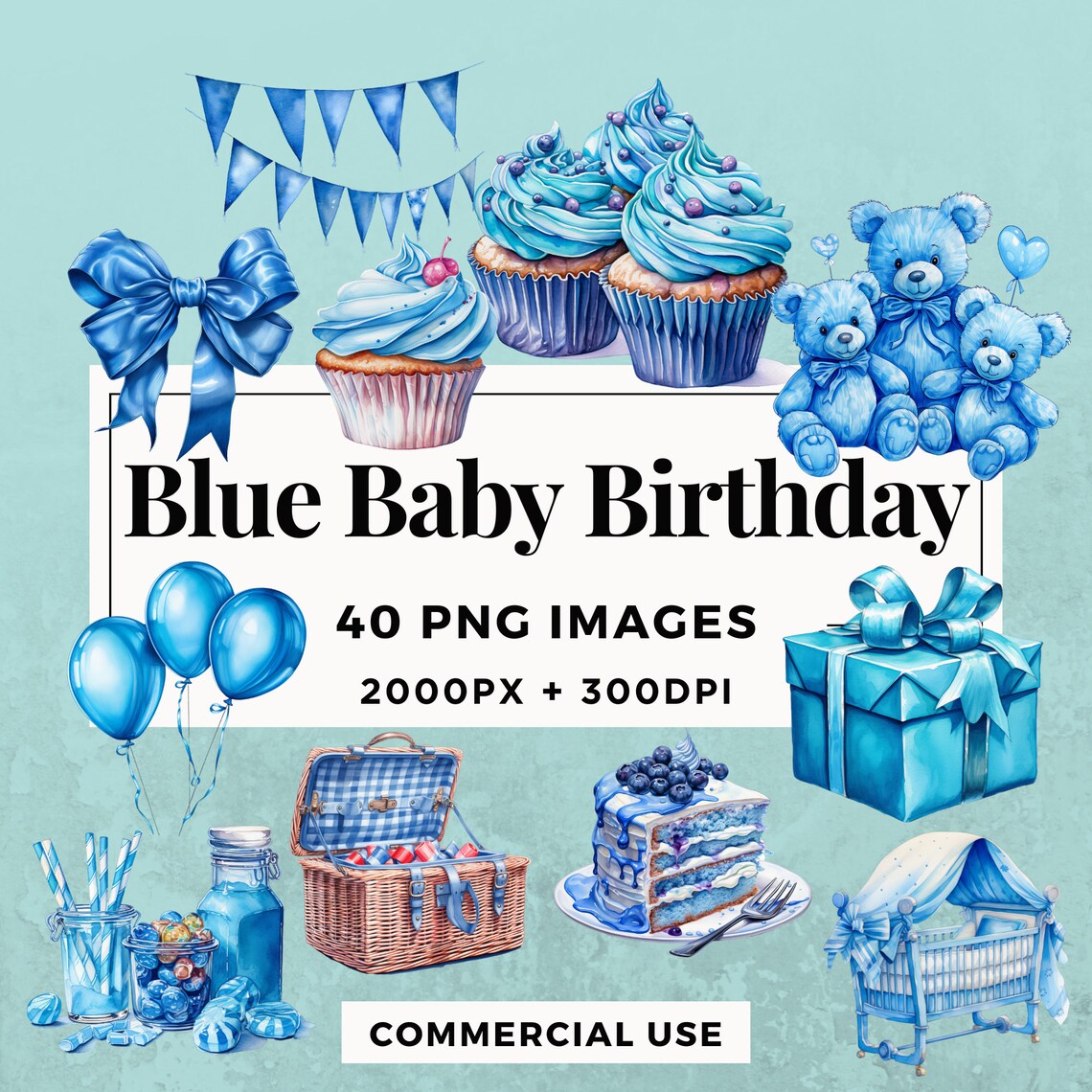 40 Blue Baby Birthday Clipart Pack INSTANT DOWNLOAD 40 Blue Baby ...