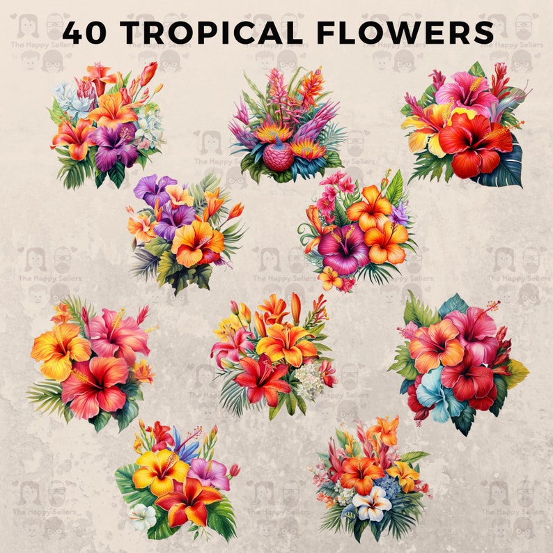 40 Tropical Flowers Clipart Pack INSTANT DOWNLOAD Exotic Tropical ...