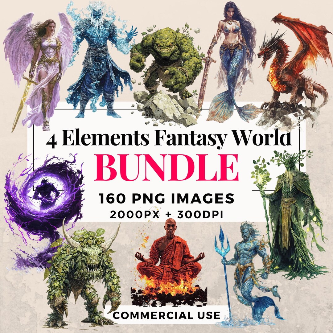 160 4 Elements Fantasy World Clipart Bundle - Instant Download, PNG ...