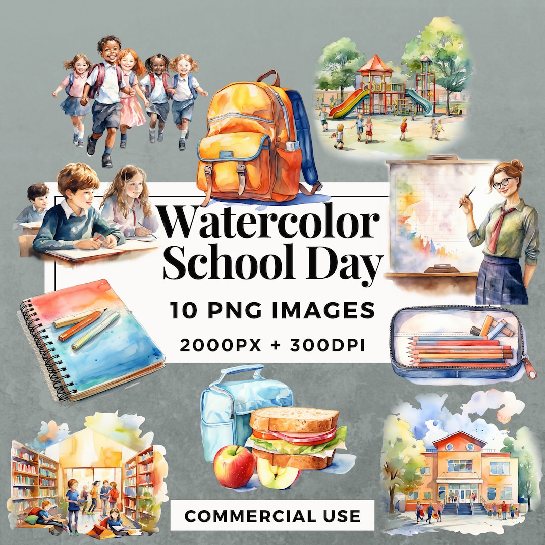 10 Watercolor School Day Clipart Pack INSTANT DOWNLOAD 10 School Day ...