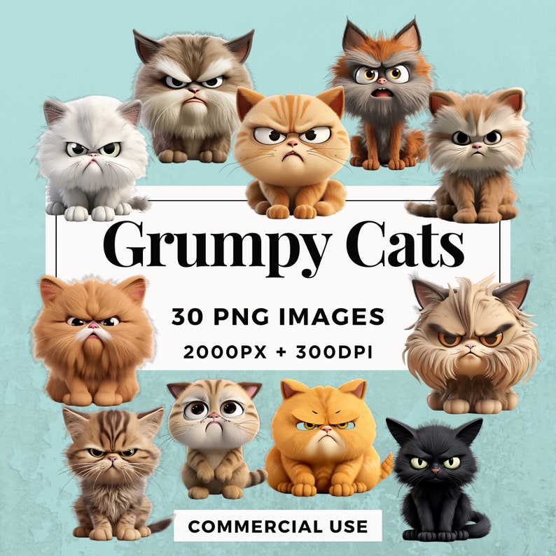 30 Grumpy Cats Clipart Pack INSTANT DOWNLOAD 30 Moody Feline - Etsy