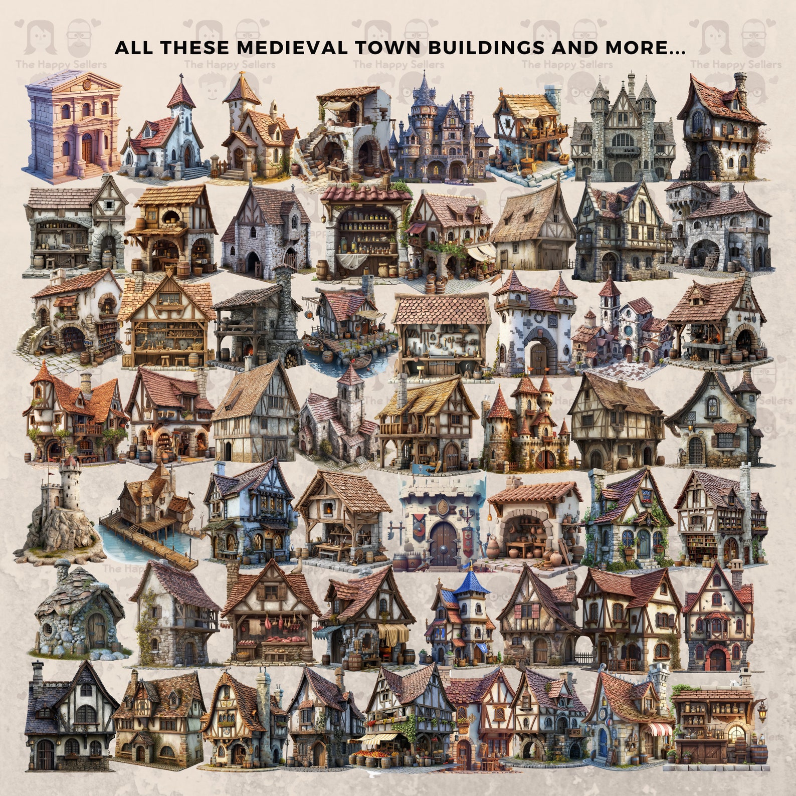 190 Medieval Town Buildings Clipart Bundle - Instant Download, PNG ...
