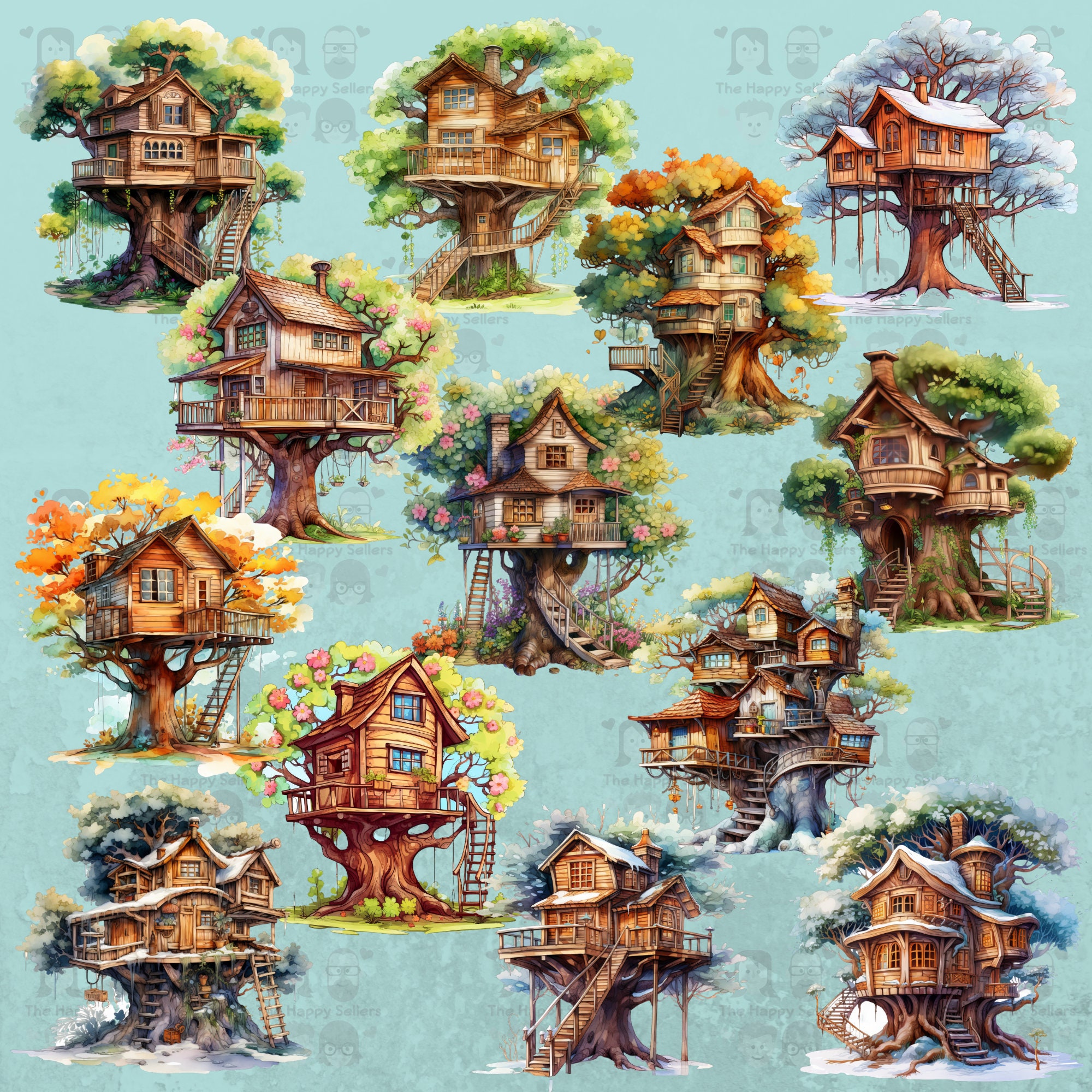 50 Cute Treehouses Clipart Pack INSTANT DOWNLOAD 50 Adorable Treehouse ...