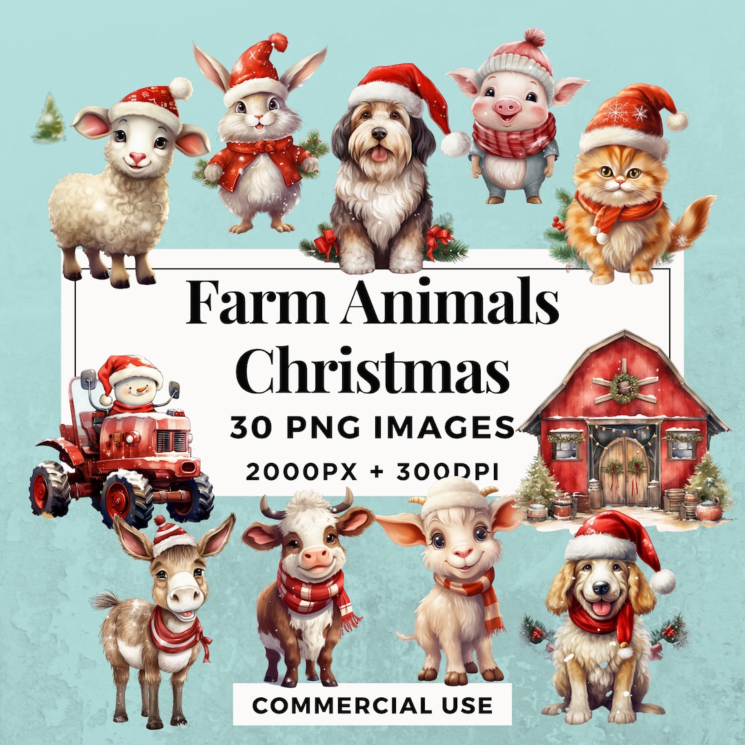 30 Farm Animals Christmas Clipart Pack INSTANT DOWNLOAD 30 Farm Animal ...