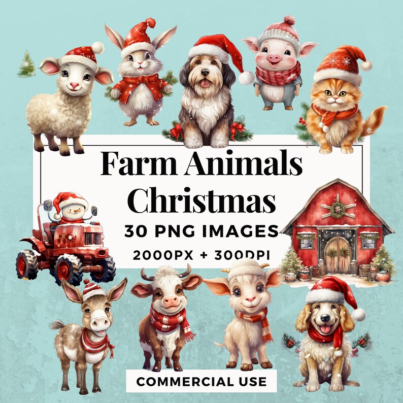 30 Farm Animals Christmas Clipart Pack INSTANT DOWNLOAD 30 Farm Animal ...