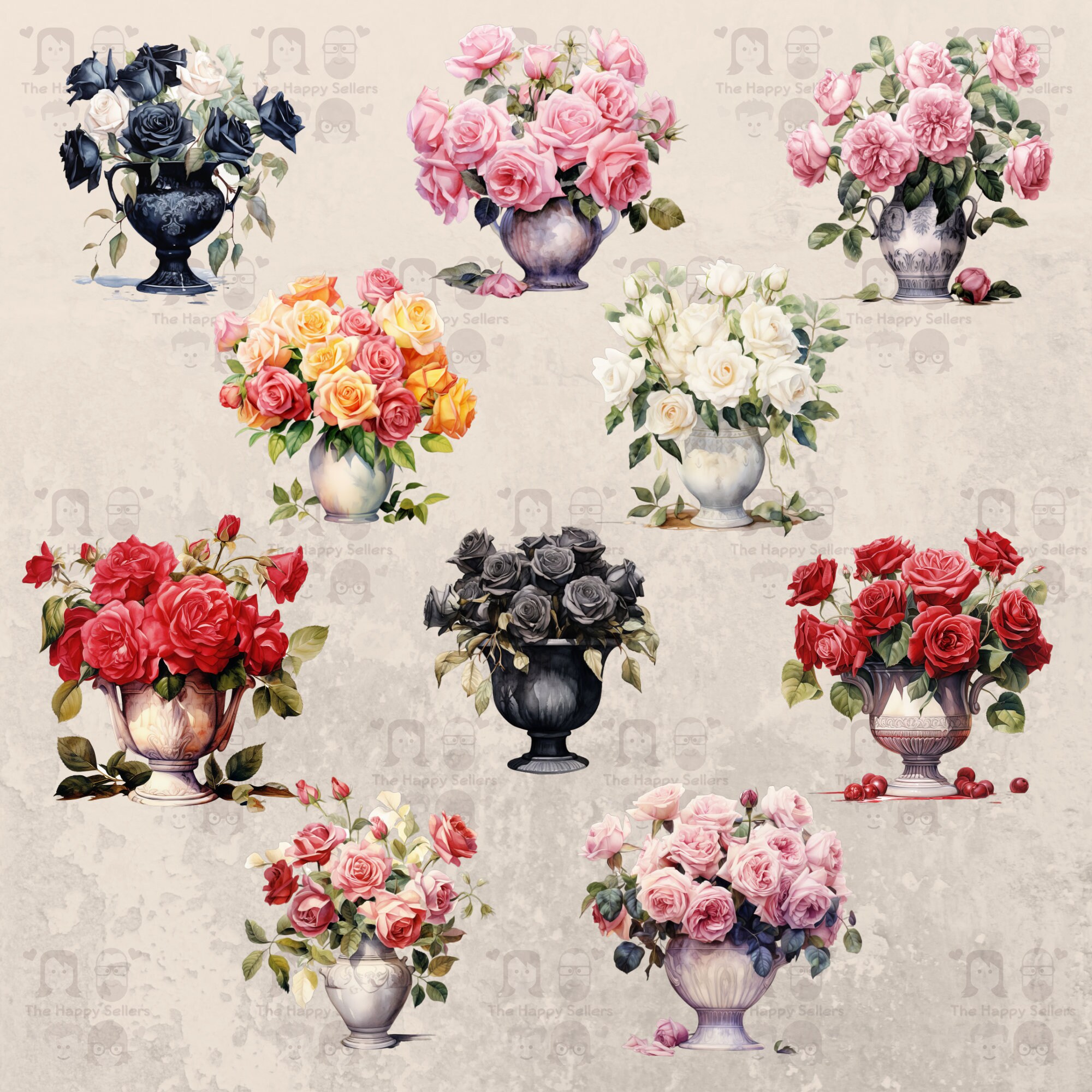 40 Roses in Vases Clipart Pack INSTANT DOWNLOAD 40 Rose Vase - Etsy