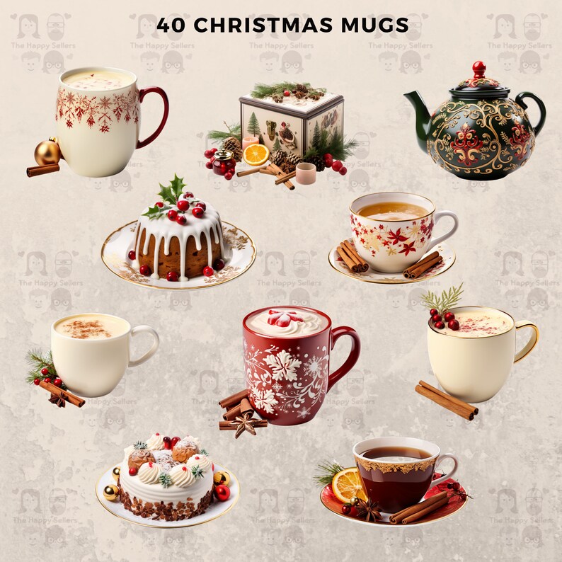 40 Christmas Mugs Clipart Pack INSTANT DOWNLOAD 40 Festive Holiday Mug ...