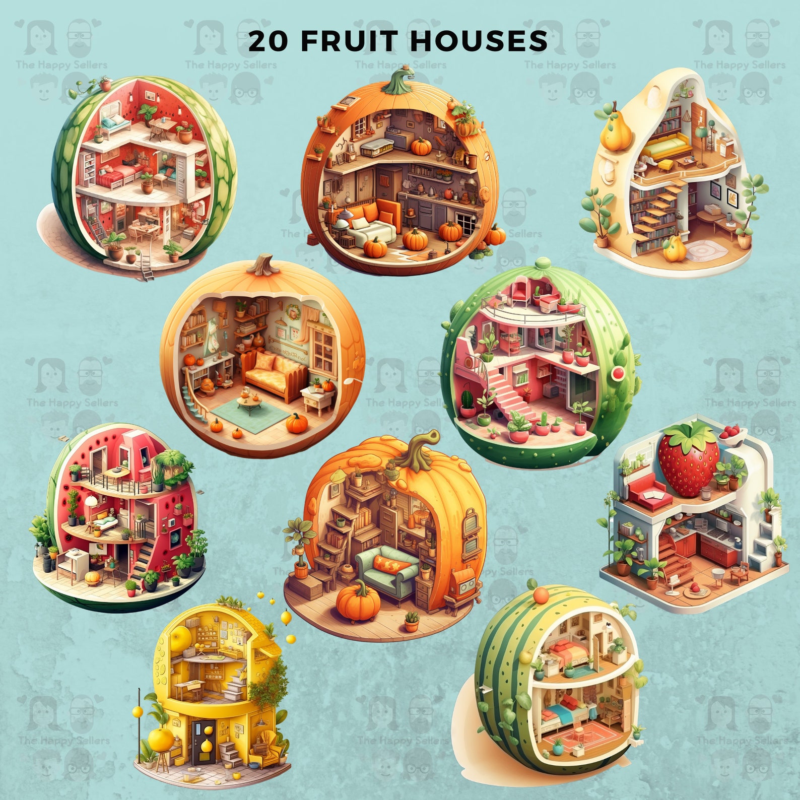 20 Fruit Houses Clipart Pack INSTANT DOWNLOAD 20 Illustrations of Fruit ...