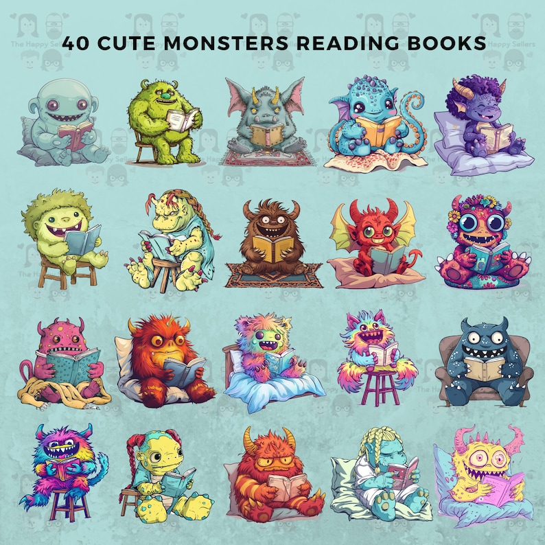 40 Cute Monsters Reading Books Clipart Pack - INSTANT DOWNLOAD, PNG ...