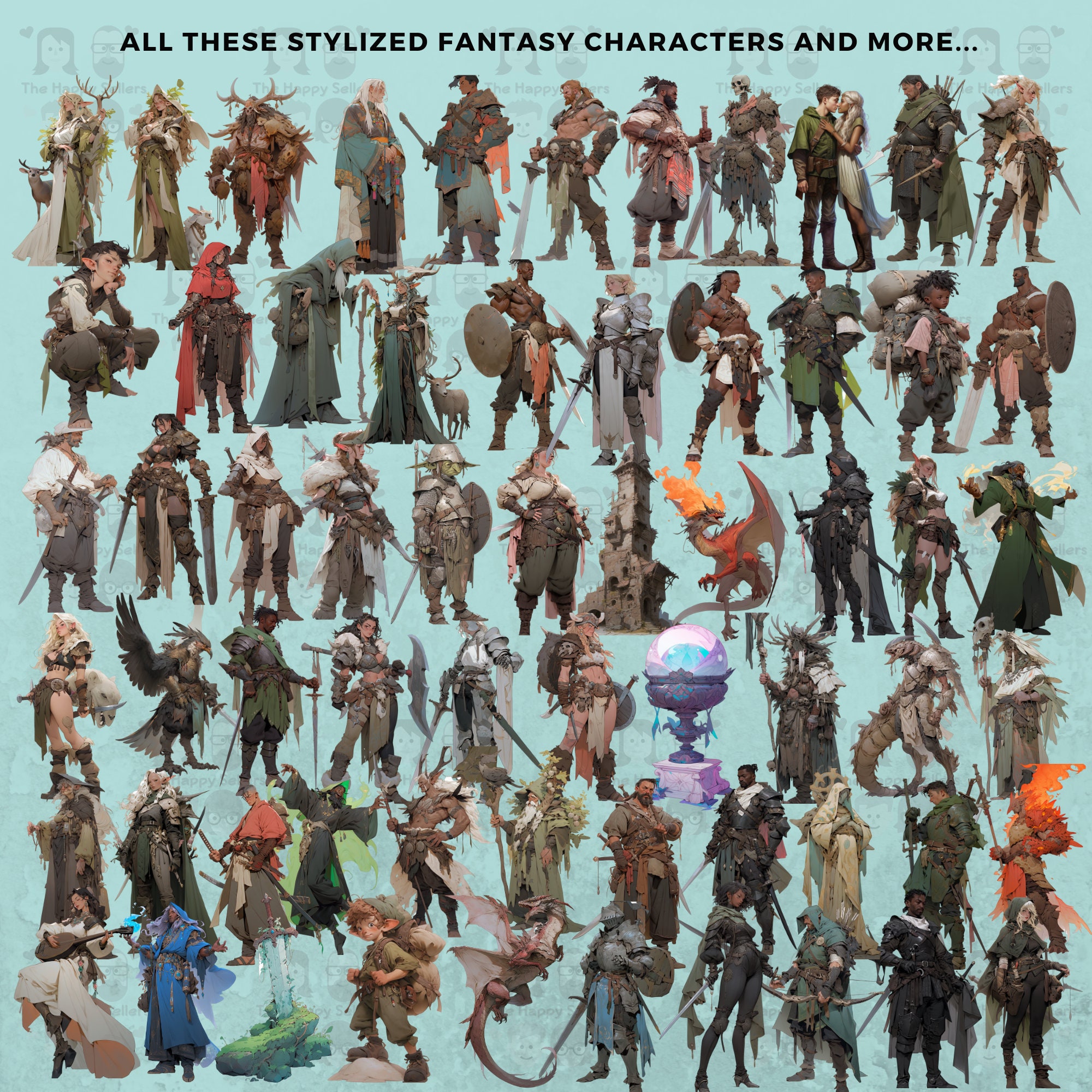 128 Stylized Fantasy Characters Clipart Bundle 1 - Instant Download ...