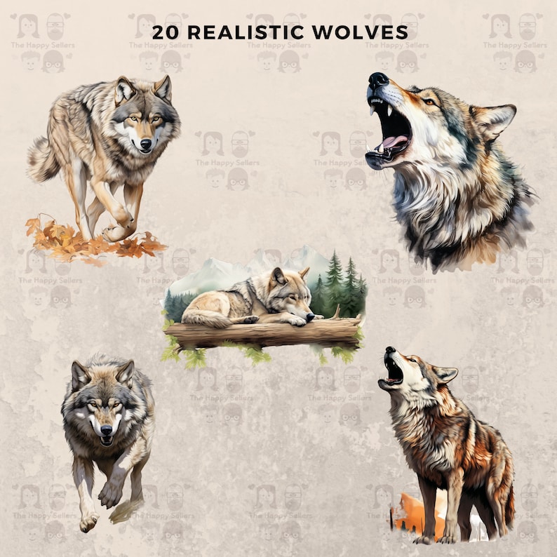 20 Realistic Wolves Clipart Pack INSTANT DOWNLOAD 20 Wolf Illustrations ...