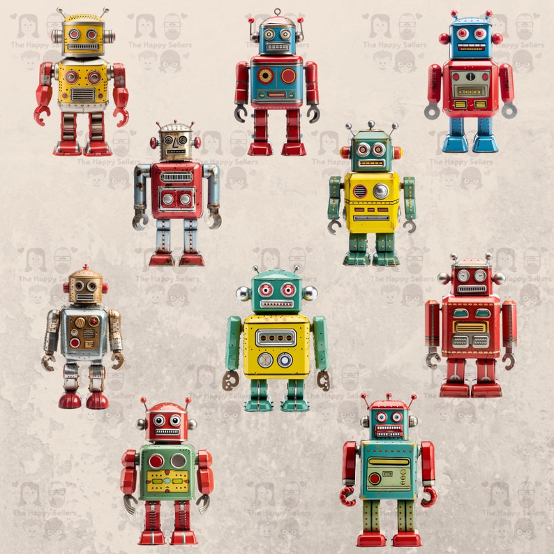 30 Tin Robots Clipart Pack INSTANT DOWNLOAD 30 Retro Tin Robot ...