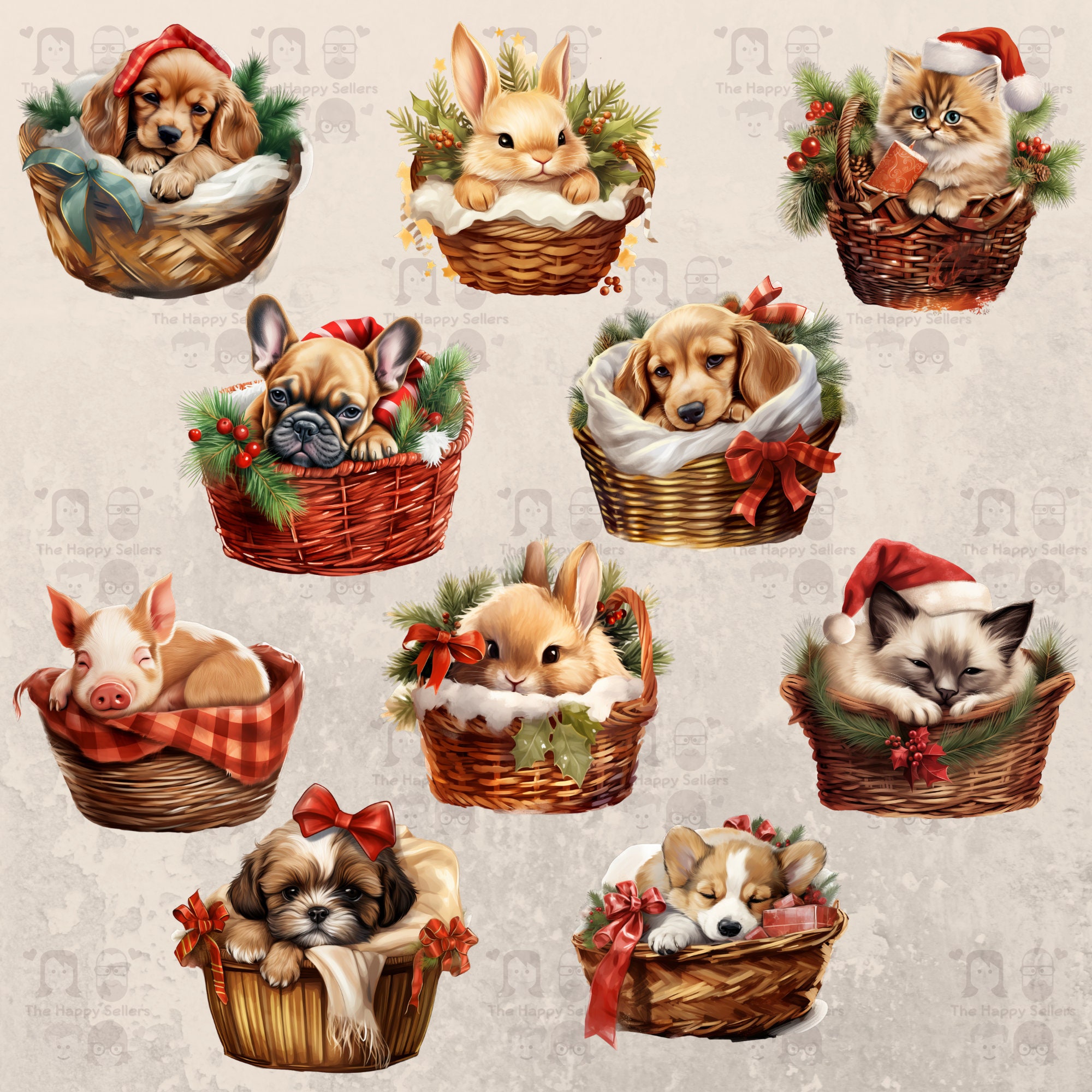 30 Christmas Pets in Baskets Clipart Pack INSTANT DOWNLOAD 30 Festive ...