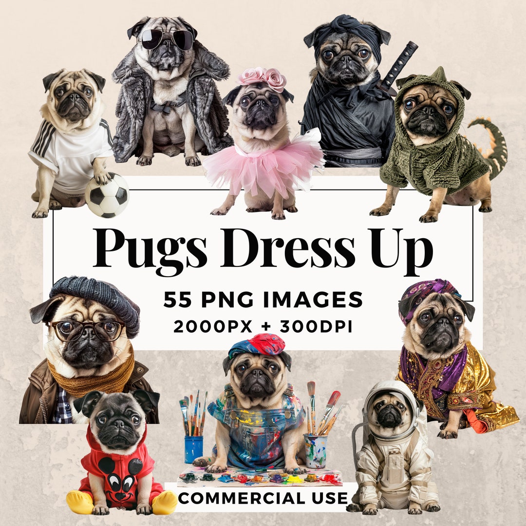 55 Pugs Dress up Clipart Pack INSTANT DOWNLOAD 55 Adorable Pug Dress-up ...