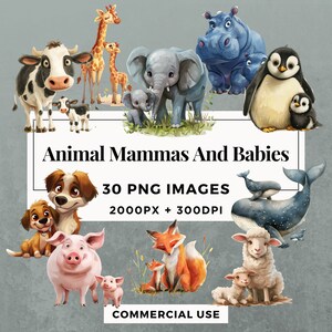30 Animal Mammas and Babies Clipart Pack - INSTANT DOWNLOAD, PNG ...