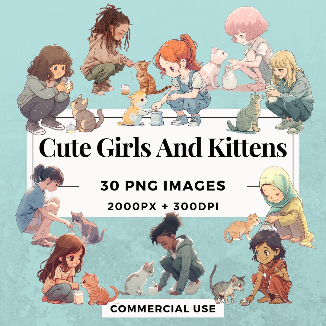 30 Cute Girls and Kittens Clipart Pack - INSTANT DOWNLOAD, PNG ...