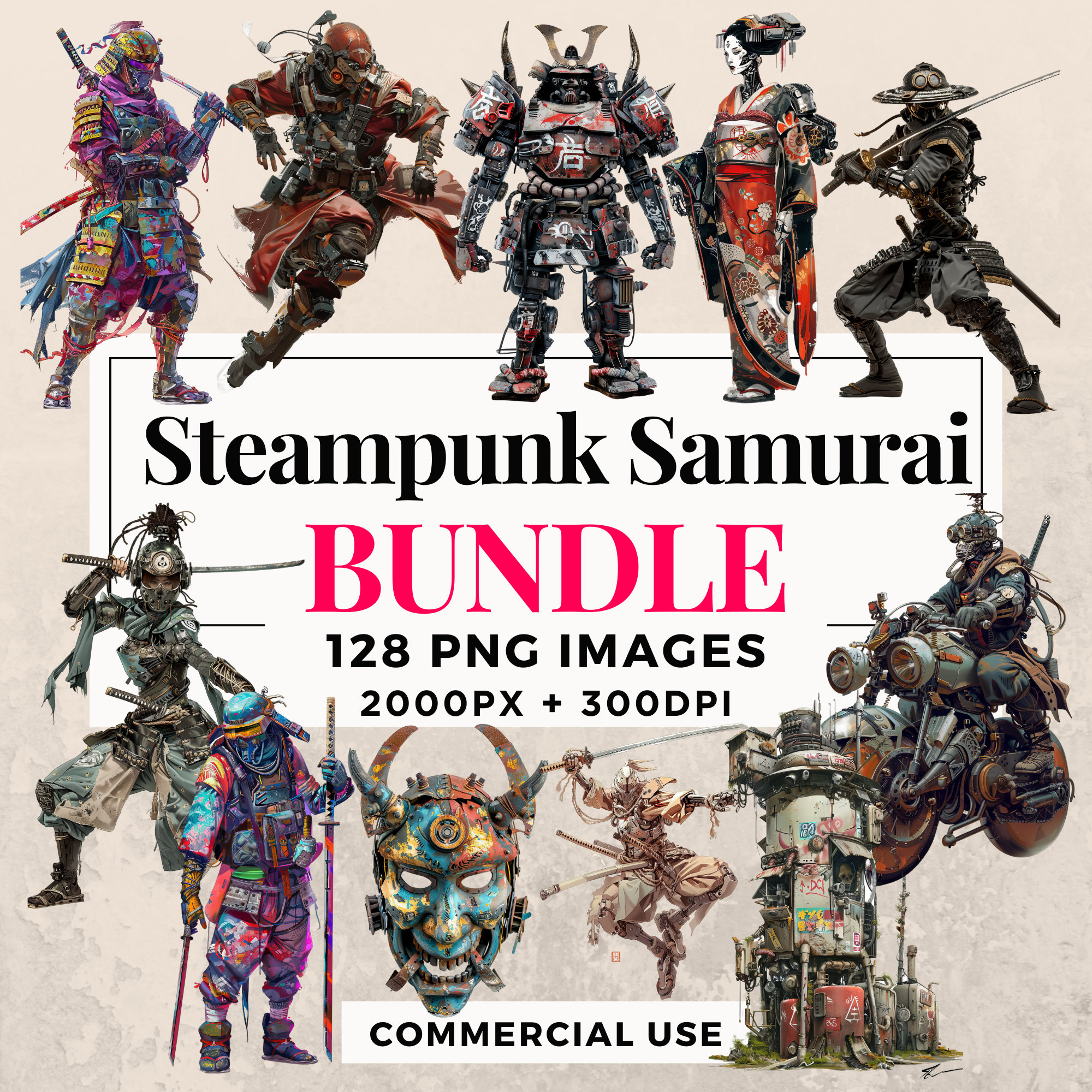 128 Steampunk Samurai Clipart Bundle Instant Download, PNG Images ...
