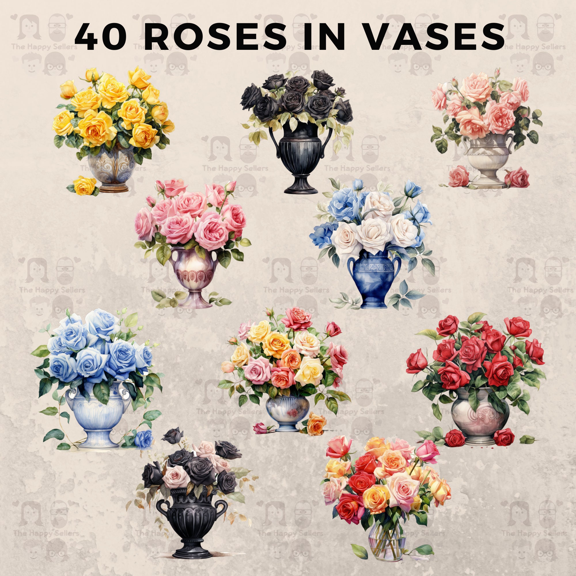 40 Roses in Vases Clipart Pack INSTANT DOWNLOAD 40 Rose Vase ...