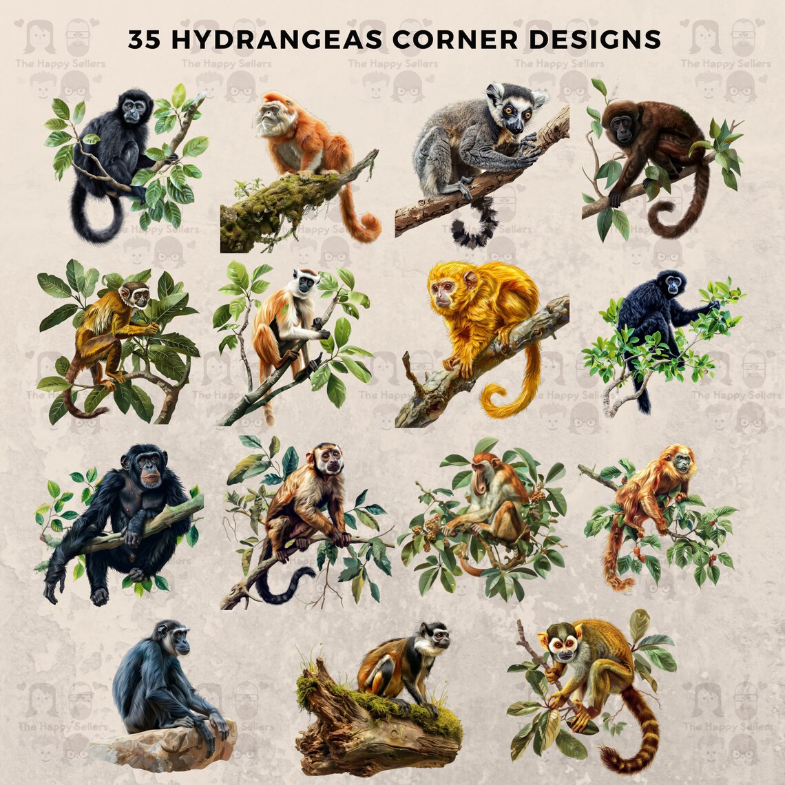 35 Lemurs, Monkeys, and Apes Clipart Pack - INSTANT DOWNLOAD, PNG ...