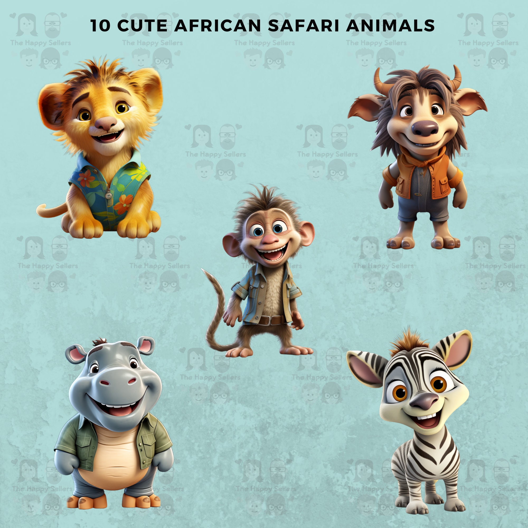 10 Cute African Safari Animals Clipart Pack - INSTANT DOWNLOAD, PNG ...