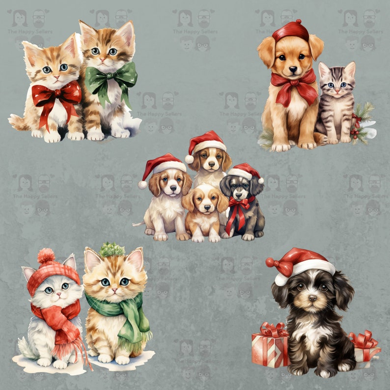 10 Christmas Pets Clipart Pack INSTANT DOWNLOAD 10 Adorable Festive Pet ...