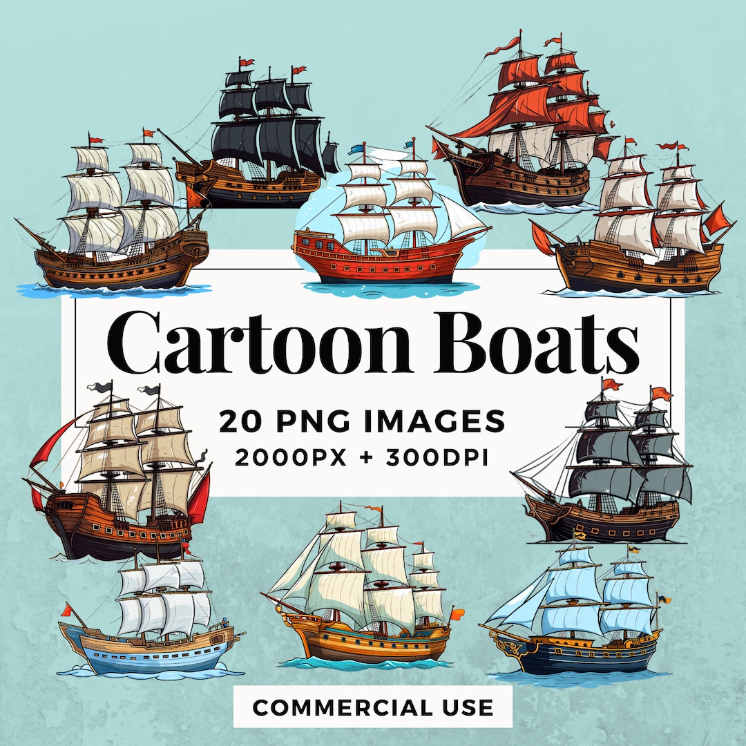 20 Cartoon Boats Clipart Pack INSTANT DOWNLOAD 20 Colorful Cartoon Boat ...
