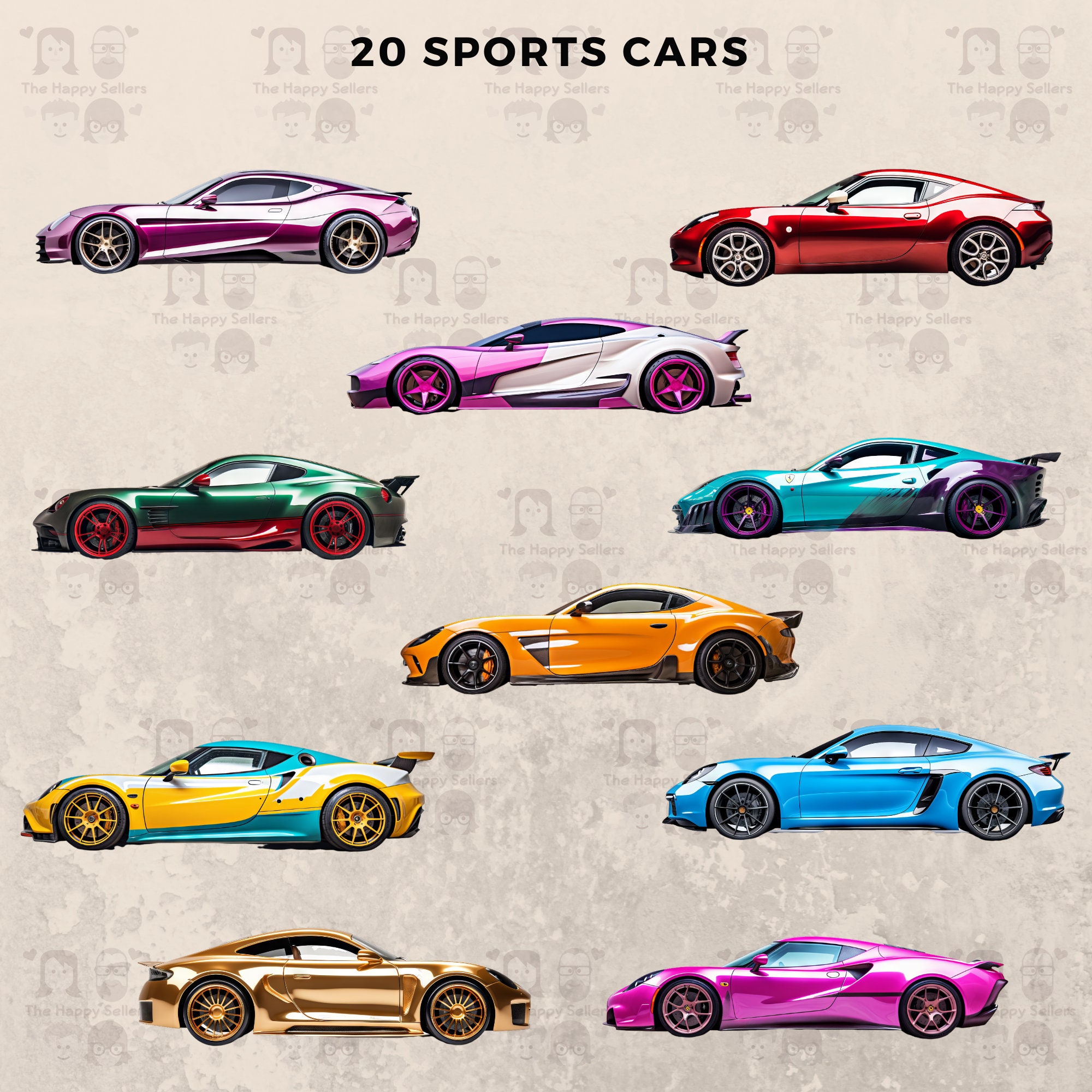 20 Sports Cars Clipart Pack #2 INSTANT DOWNLOAD 20 Sleek Sports Car ...