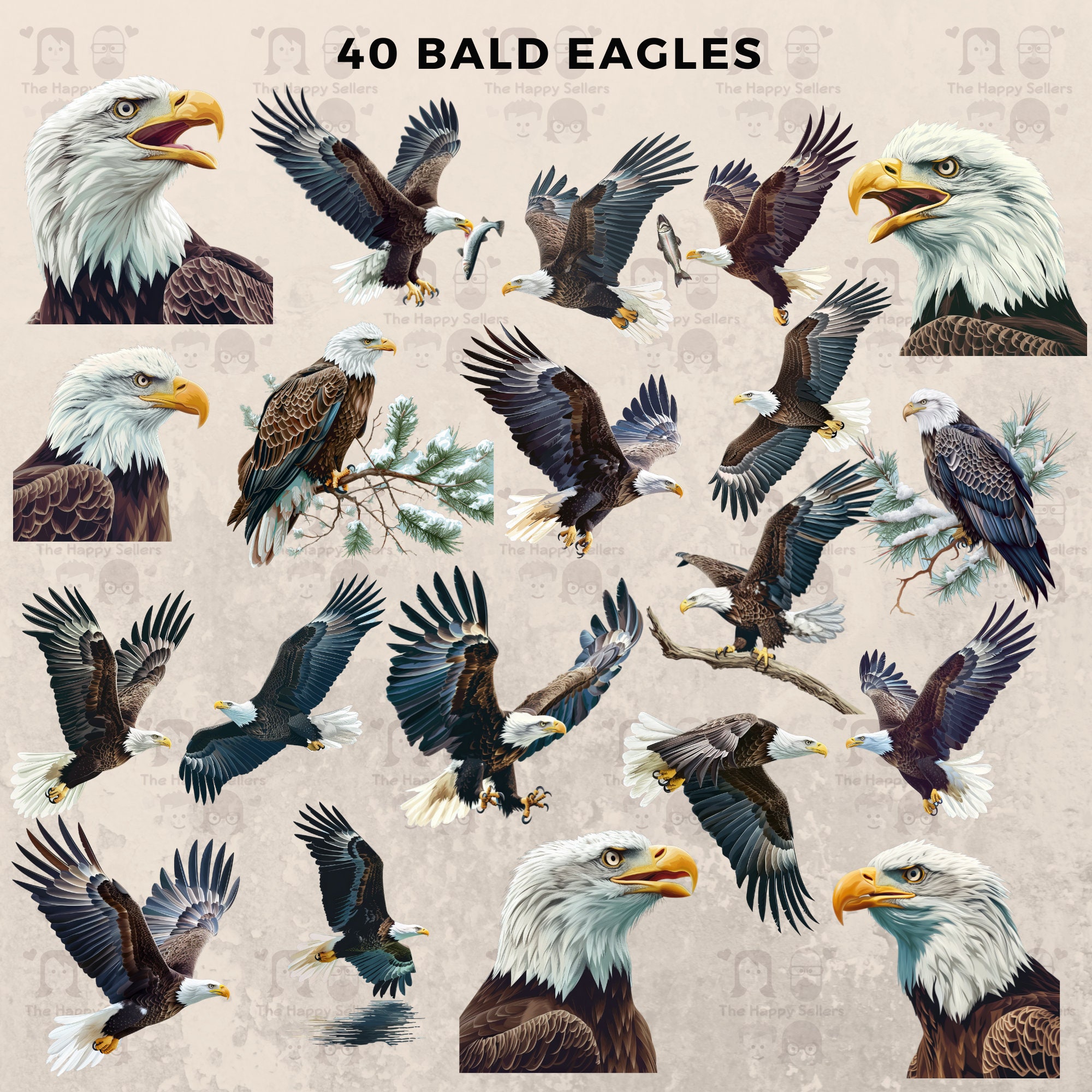40 Bald Eagles Clipart Pack INSTANT DOWNLOAD Majestic Eagle Illustrations, PNG Transparent ...