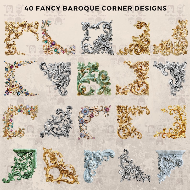 40 Fancy Baroque Corner Designs Clipart Pack - INSTANT DOWNLOAD, PNG ...