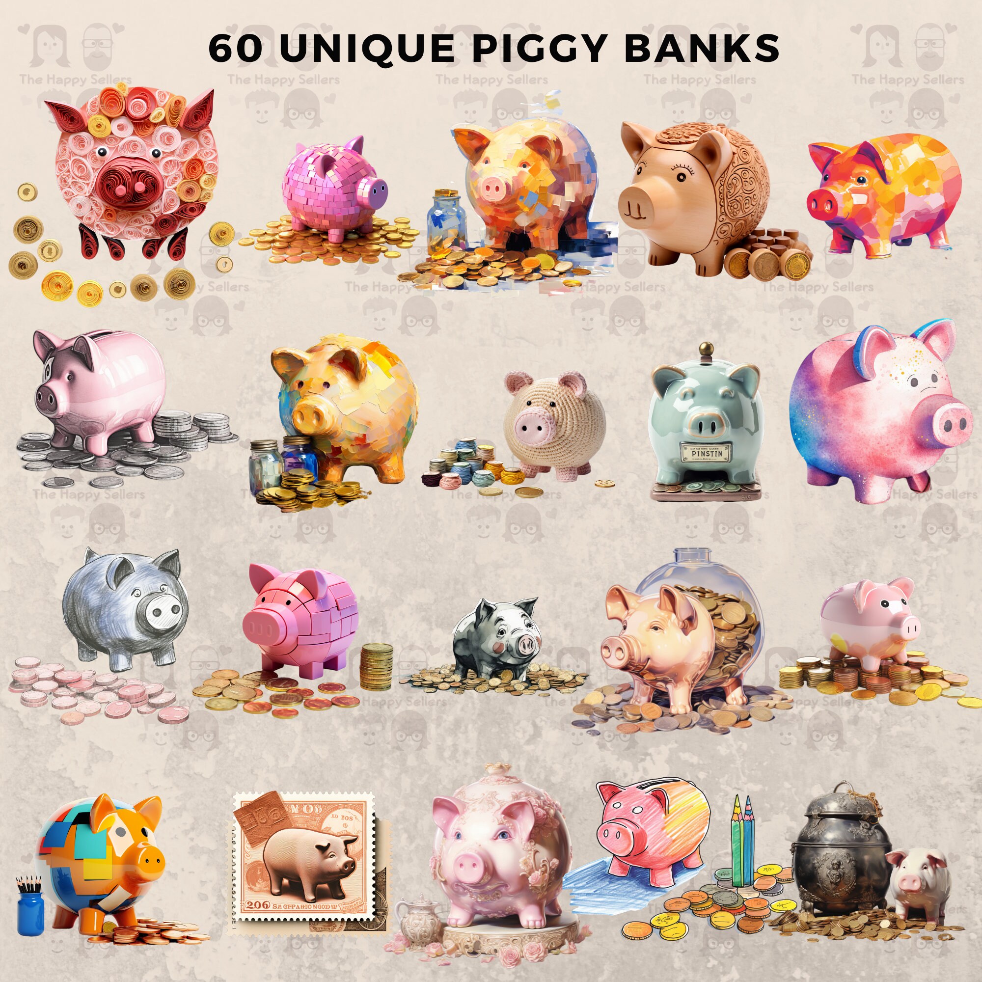 60 Unique Piggy Banks Clipart Pack INSTANT DOWNLOAD 60 Whimsical Piggy ...