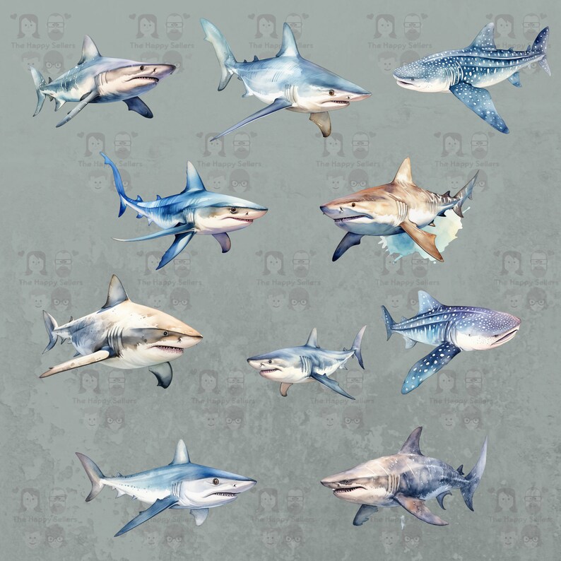 40 Watercolor Sharks Clipart Pack INSTANT DOWNLOAD 40 Shark - Etsy