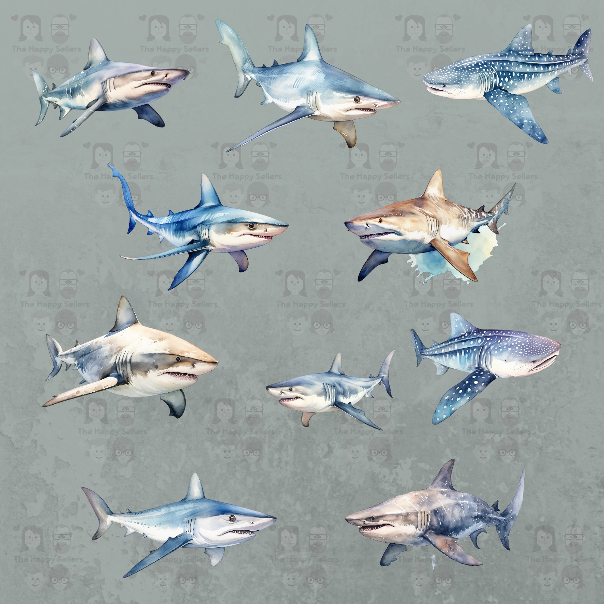 40 Watercolor Sharks Clipart Pack INSTANT DOWNLOAD 40 Shark ...