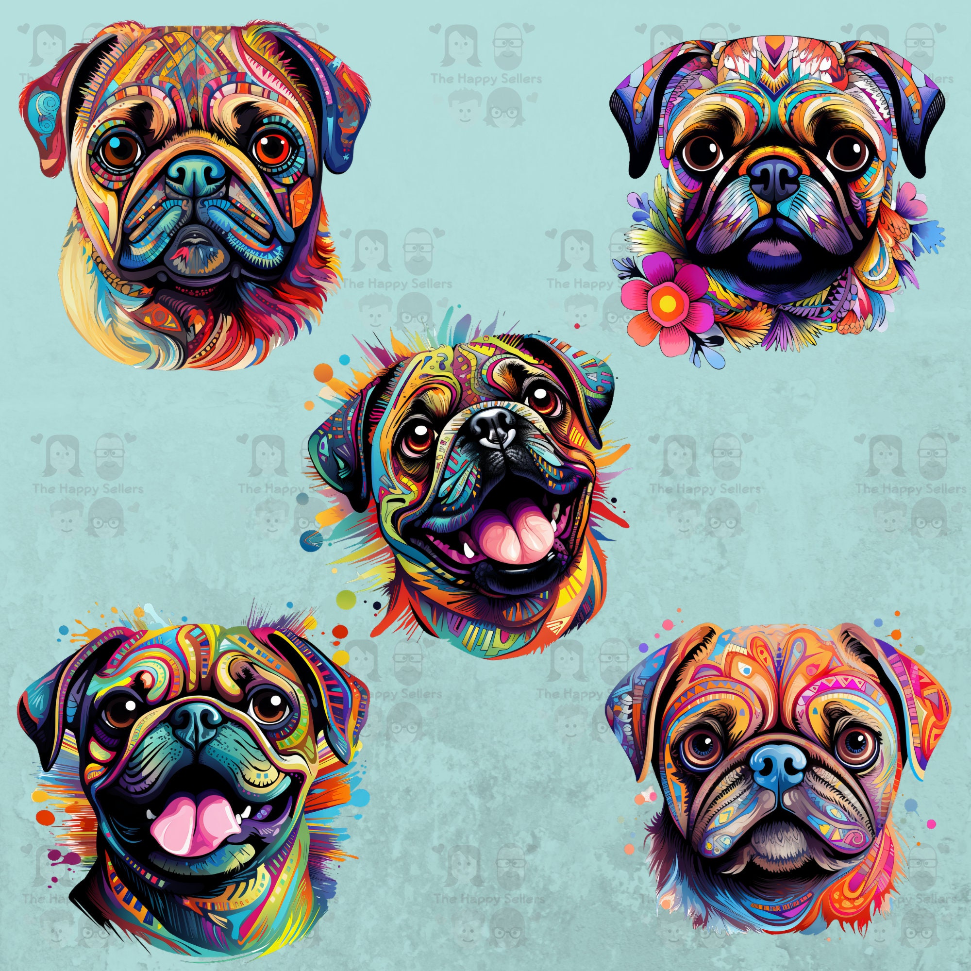 20 Cute Colorful Pugs Clipart Pack INSTANT DOWNLOAD 20 Adorable Pug ...