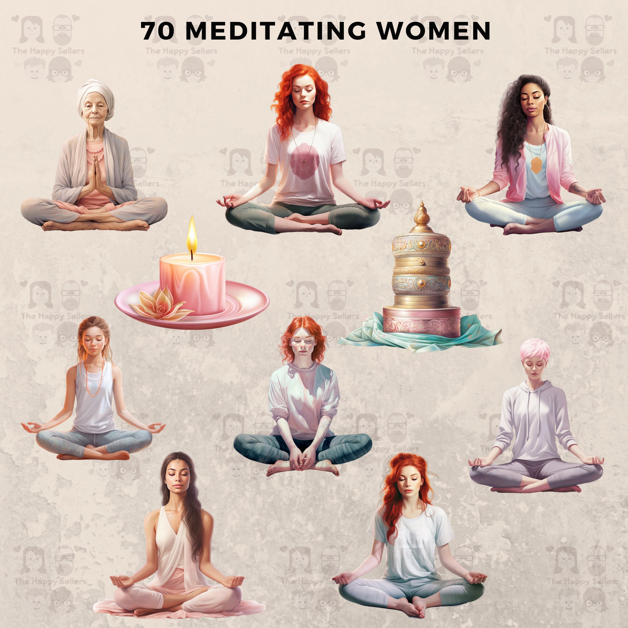 70 Meditating Women Clipart Pack INSTANT DOWNLOAD 70 Serene Meditation ...