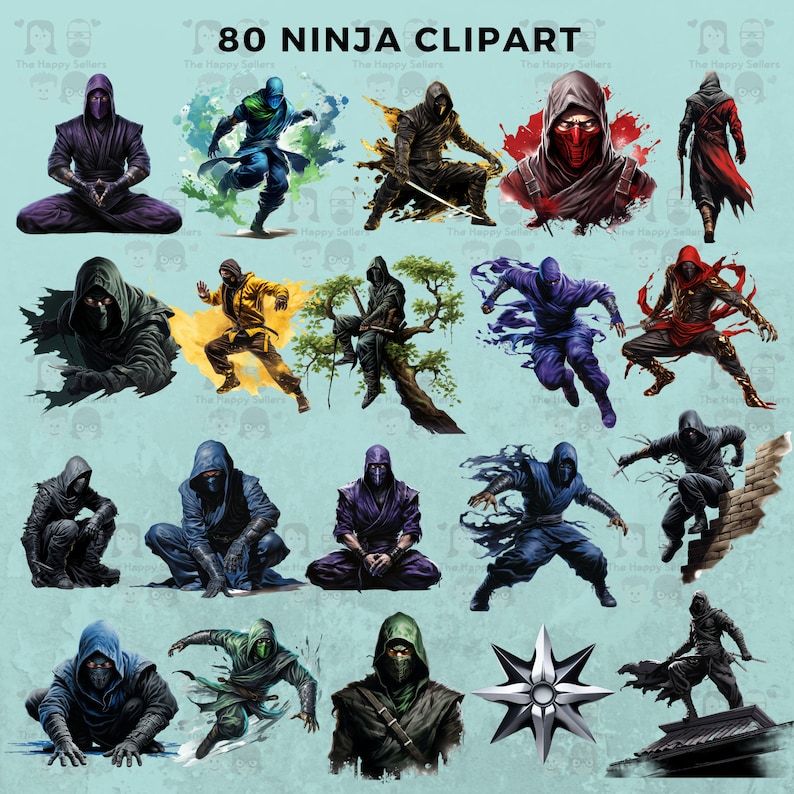 80 Ninja Clipart Pack INSTANT DOWNLOAD 80 Stealthy Ninja Illustrations ...