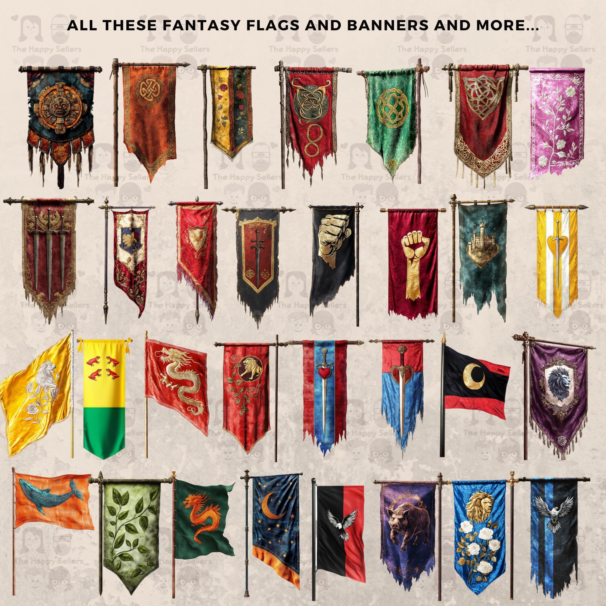 130 Fantasy Flags and Banners Clipart Bundle - Instant Download, PNG ...