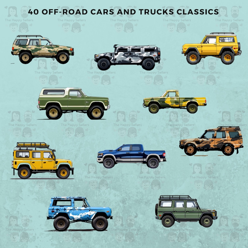 40 Off-road Cars and Trucks Classics Clipart Pack INSTANT DOWNLOAD, PNG Transparent Background ...
