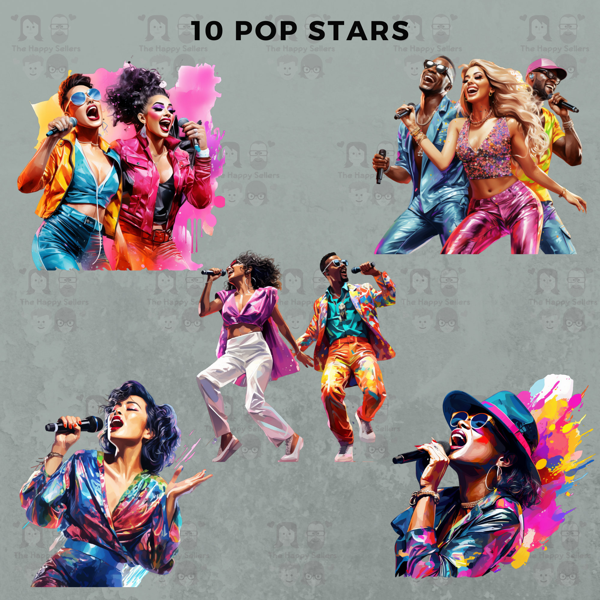 10 Pop Stars Clipart Pack INSTANT DOWNLOAD 10 Vibrant Pop Star ...