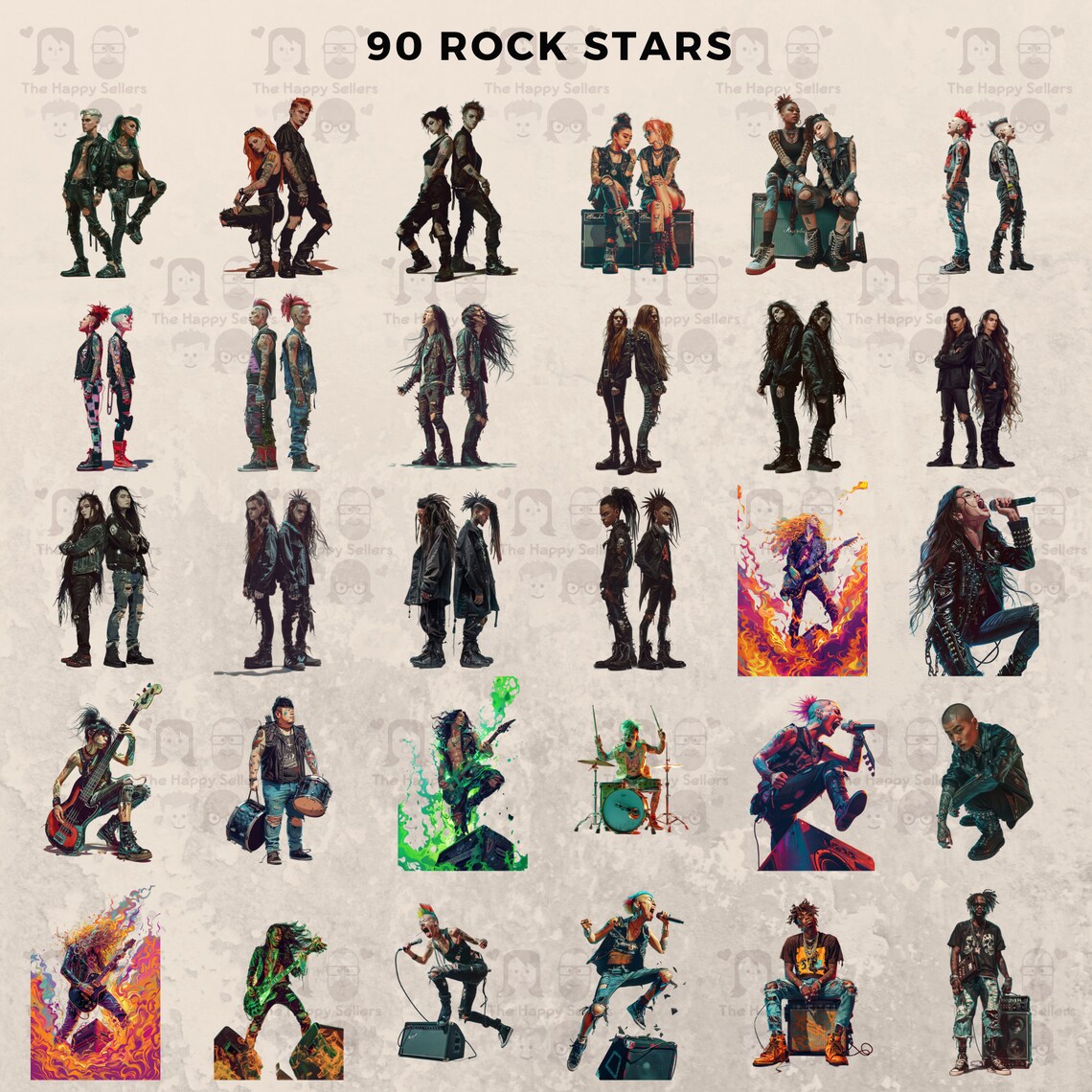 90 Rock Stars Clipart Pack INSTANT DOWNLOAD 90 Bold Illustrations, PNG ...