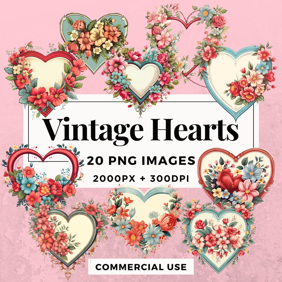 20 Vintage Hearts Clipart Pack INSTANT DOWNLOAD 20 Heart Illustrations ...