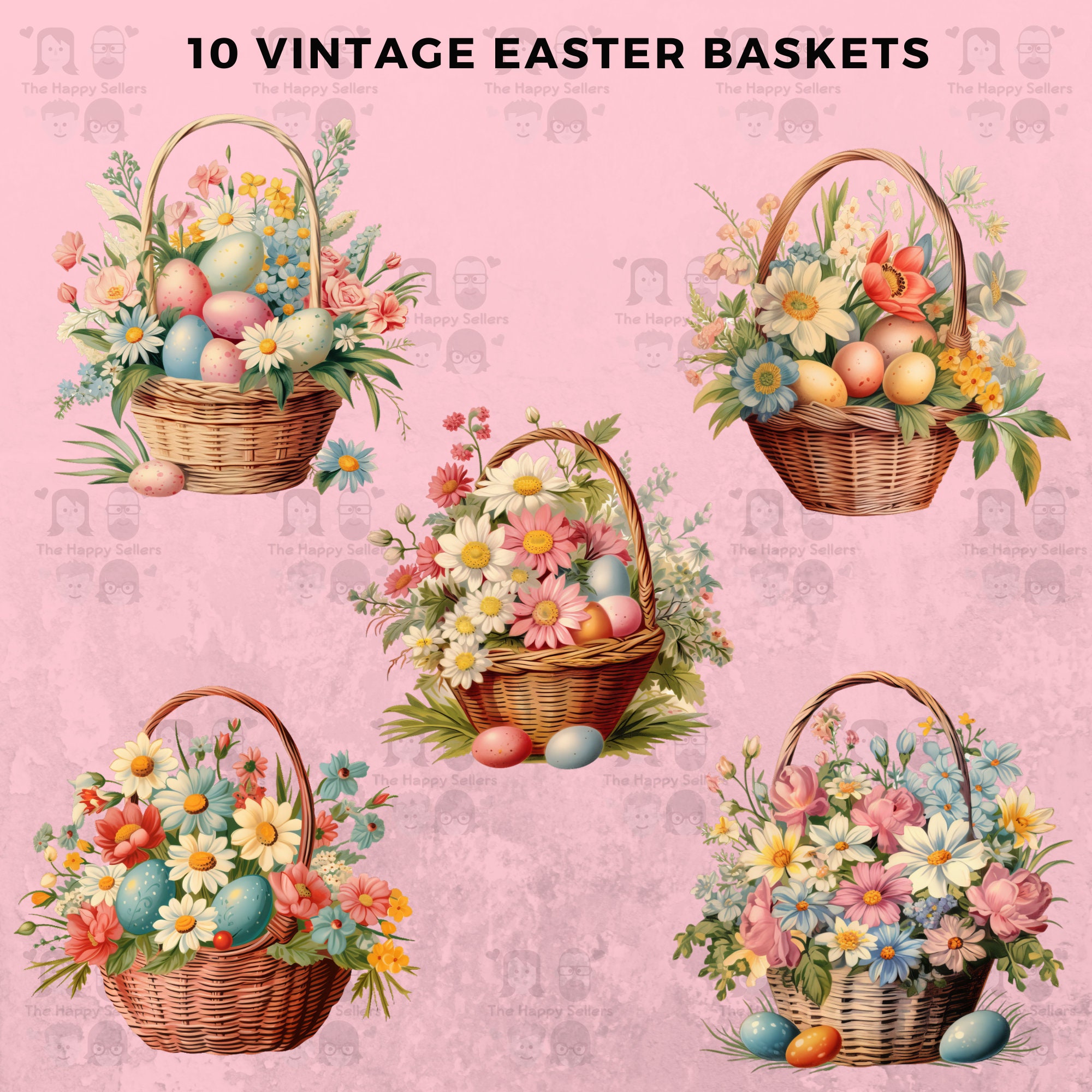 10 Vintage Easter Baskets Clipart Pack - INSTANT DOWNLOAD, PNG ...