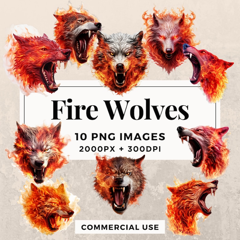 10 Fire Wolves Clipart Pack INSTANT DOWNLOAD 10 Fierce Fire Wolf ...