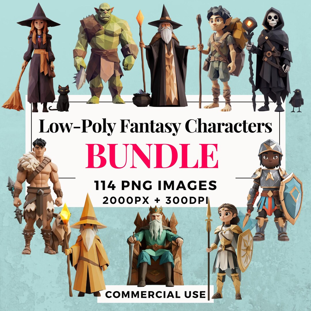 114 Low-poly Fantasy Characters Clipart Bundle - Instant Download, PNG ...